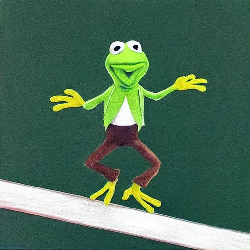 “Bob Ross painting of Kermit the Frog jumping off of a | Stable ...