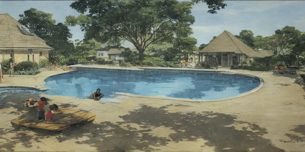 swimming pool on the yard with woodhouse, by hiroshi | Stable Diffusion ...