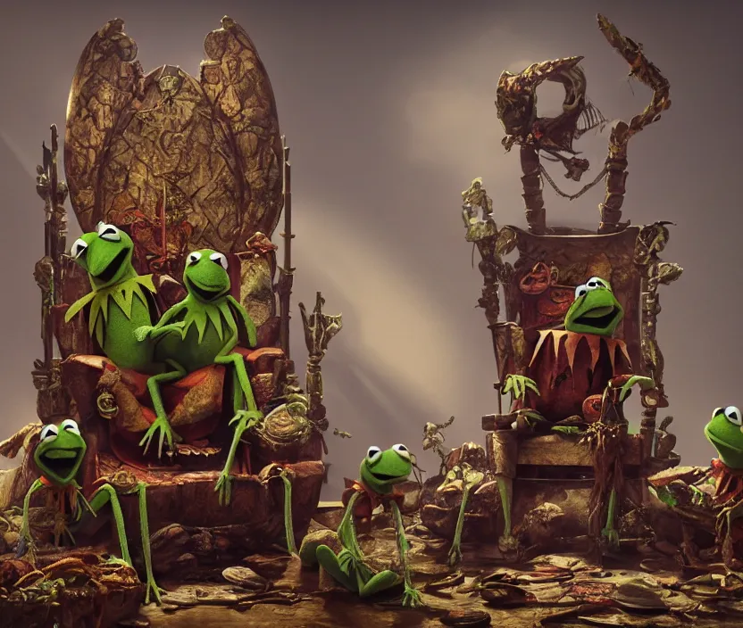 Kermit the Frog, sitting on a throne of skeletons, a | Stable Diffusion ...