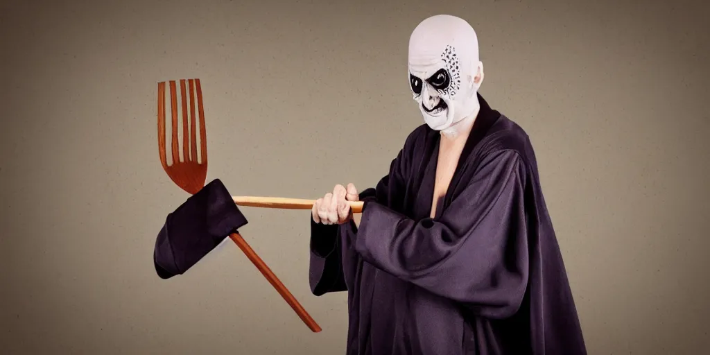 evil spoon wearing a robe holding a pitchfork | Stable Diffusion | OpenArt