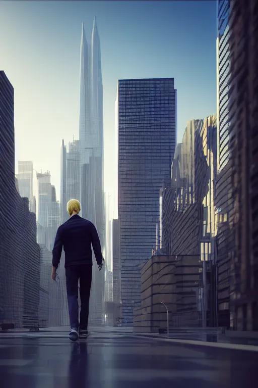 blond man larger than skyscrapers walks around the | Stable Diffusion ...