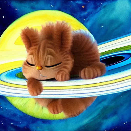 Garfield floating in space, eating one of Saturn\'s | Stable Diffusion ...
