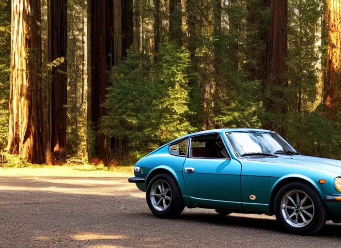 a datsun 2 4 0 z among tall redwood trees, in the art | Stable ...
