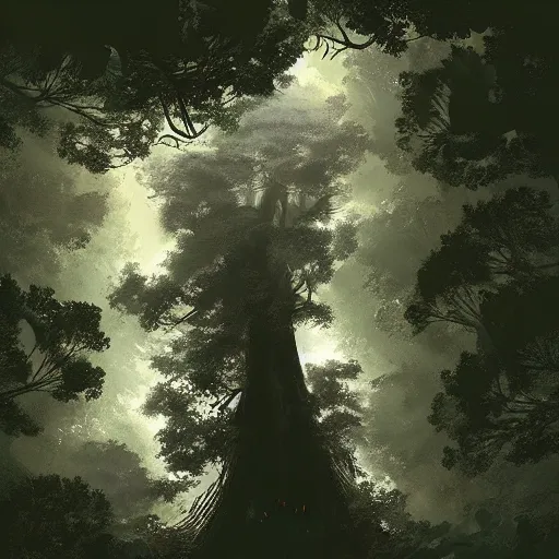 large tree in dense dark forest, seen from below, many | Stable Diffusion | OpenArt