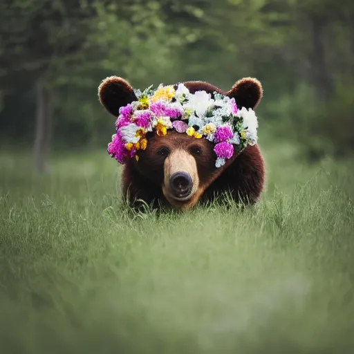 bear with flowers on his head, beautiful and cute, | Stable Diffusion ...