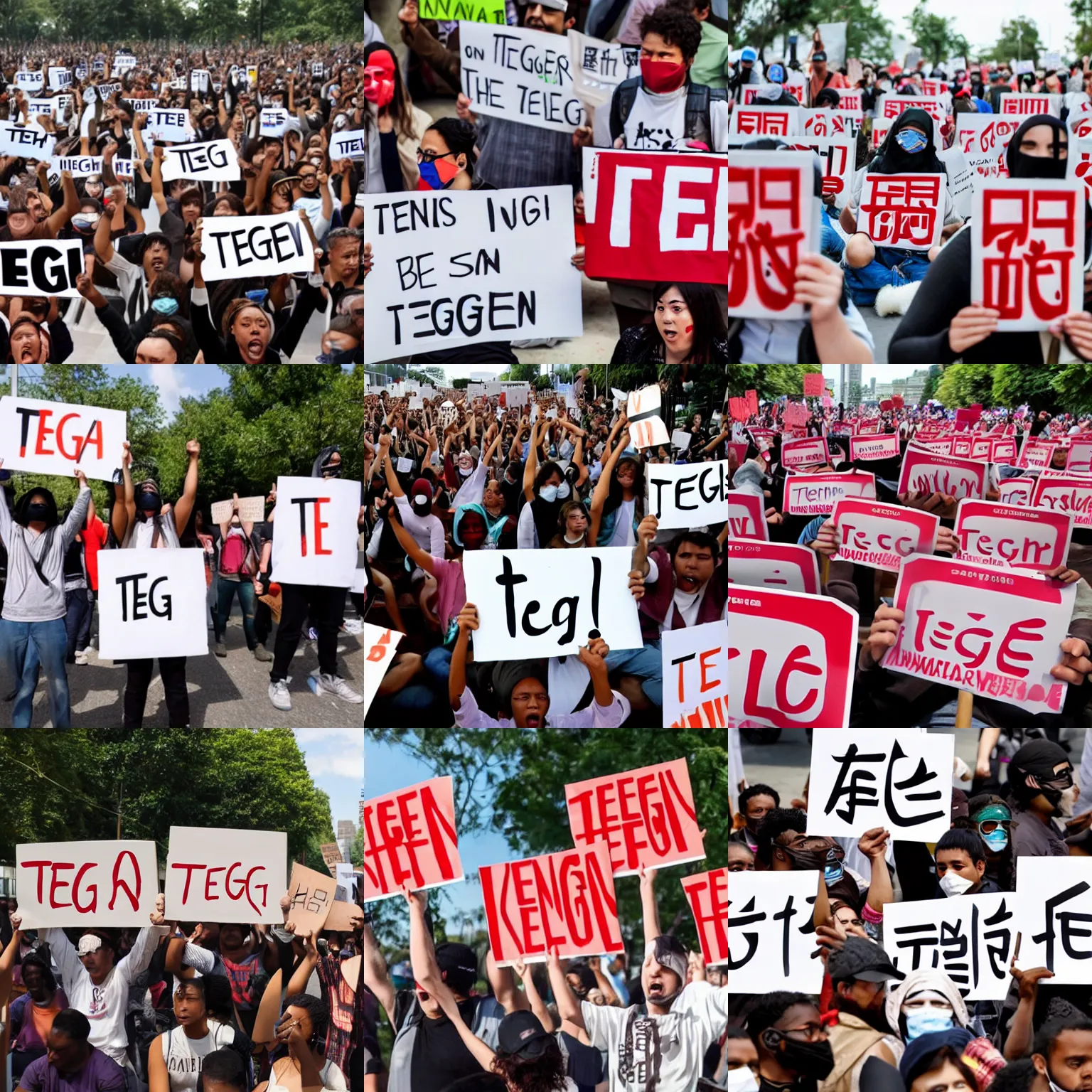 protesters holding up signs that have'tegeken'written | Stable ...