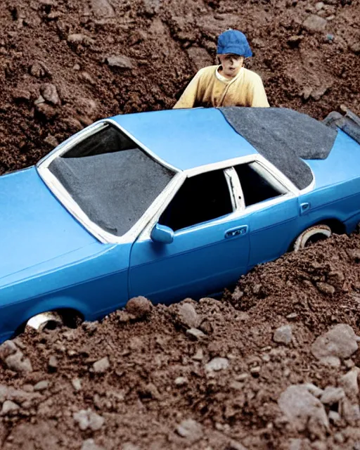 a blue car parked in front of a pile of dirt, a stock | Stable ...