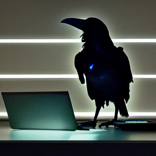 a still of a raven hacking a computer, led lights, | Stable Diffusion ...