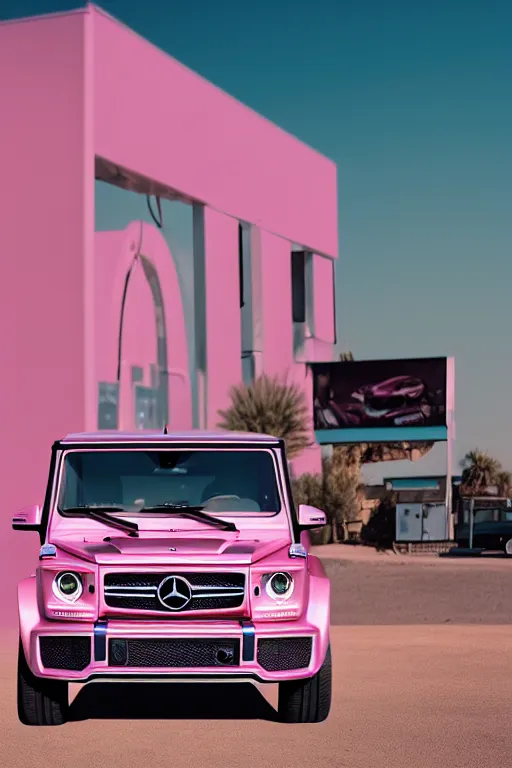 Photo of a pink Mercedes-Benz G63 parked in front of a | Stable Diffusion
