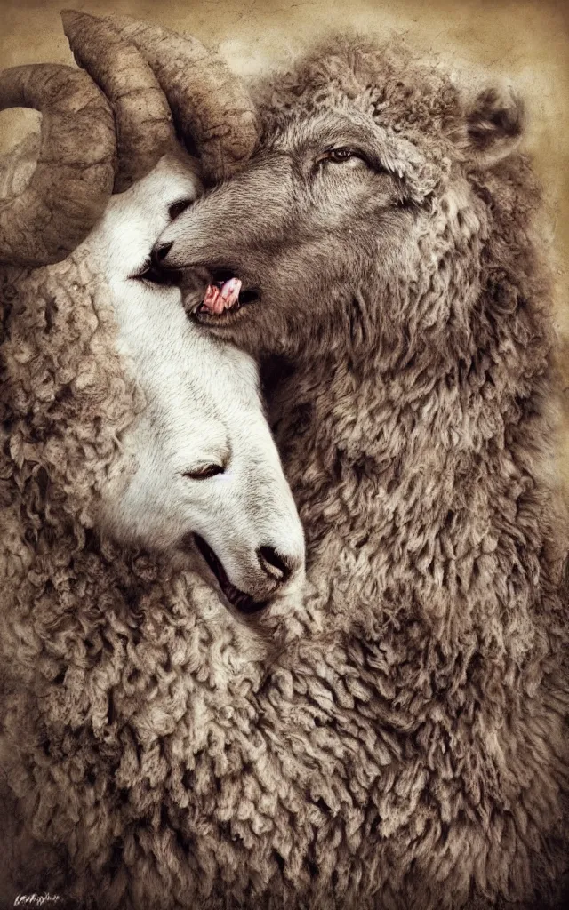 a beksinki sheep biting the neck of a realistic wolf | Stable Diffusion ...
