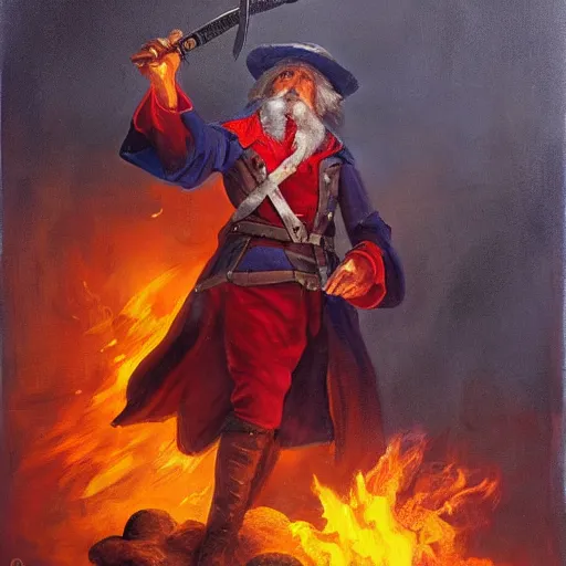 an old wizard casts a fireball at a British redcoat | Stable Diffusion