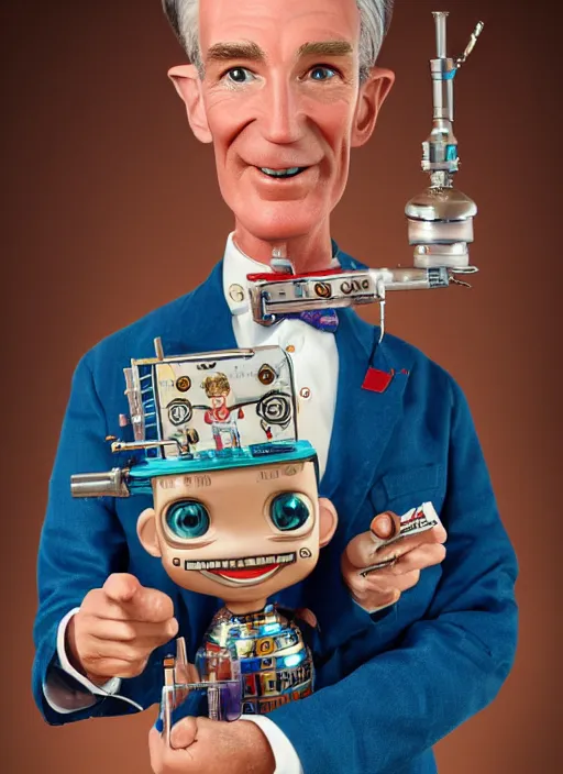 closeup portrait of tin toy bill nye with chemistry | Stable Diffusion ...