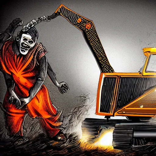 man riding in an excavator through hell, holding a | Stable Diffusion ...