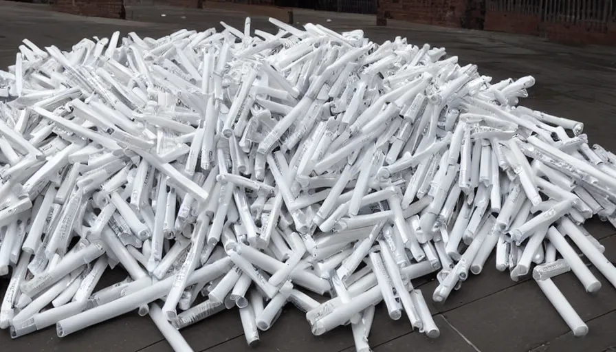 a huge pile of white plastic pens have fallen, | Stable Diffusion | OpenArt