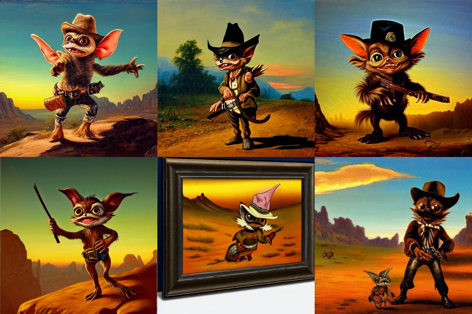 Gizmo the gremlin as a cowboy walking in the wild west | Stable Diffusion