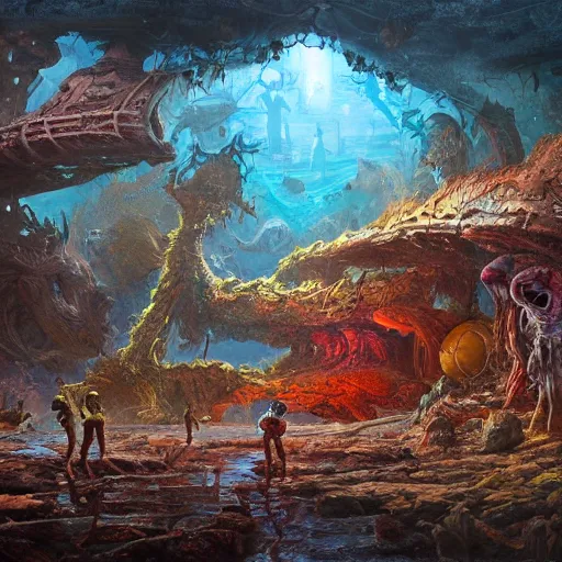 humans exploring ancient post - apocalyptic planet, | Stable Diffusion