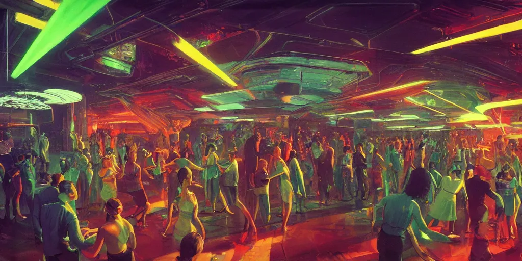 people dancing in a cyberpunk nightclub with a large | Stable Diffusion