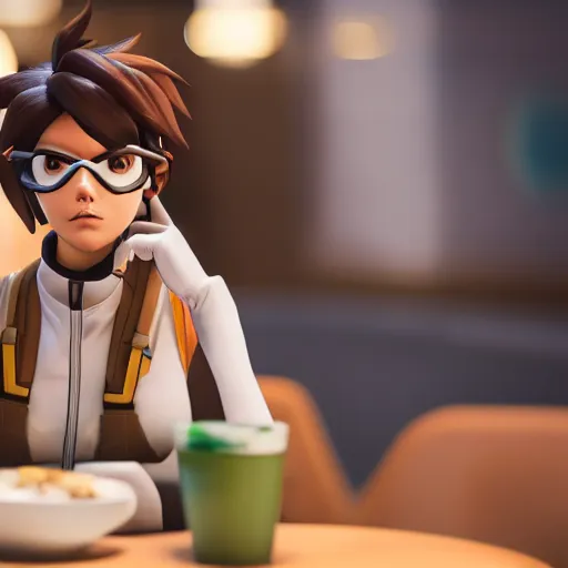 tracer from overwatch sitting alone in a restaurant, | Stable Diffusion