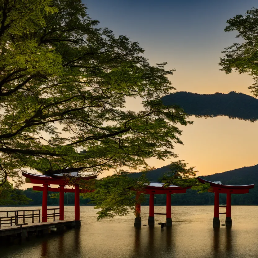 a shinto gate in a lake, surrounded by trees, at | Stable Diffusion | OpenArt