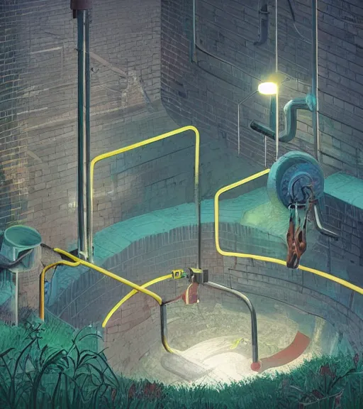 Simon Stalenhag concept art of wet underground sewer | Stable Diffusion ...