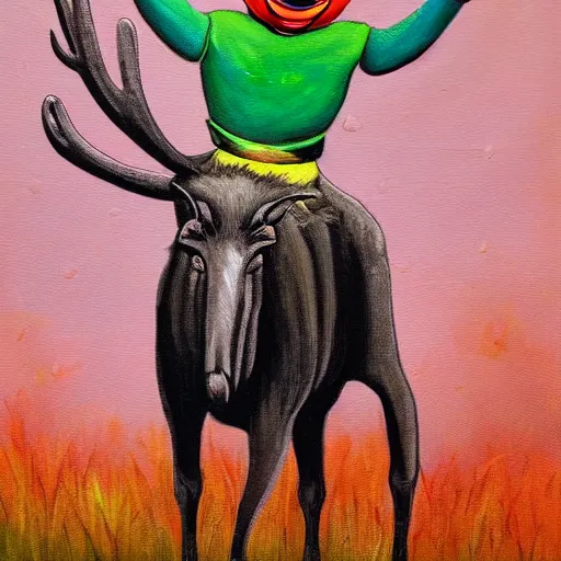 a painting of a creepy clown riding a moose | Stable Diffusion | OpenArt