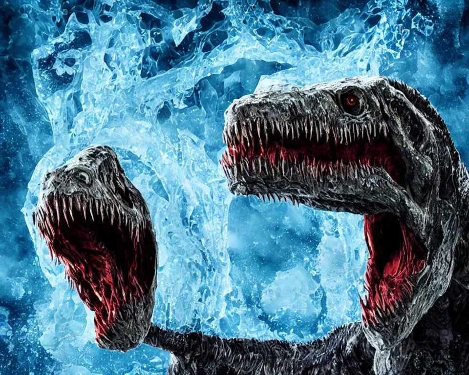 a horror movie poster featuring a t - rex frozen in ice | Stable Diffusion
