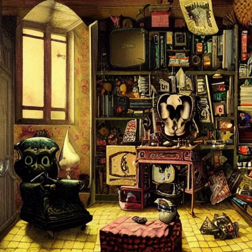 lonely goth nerd sitting in cluttered room alone, by | Stable Diffusion ...