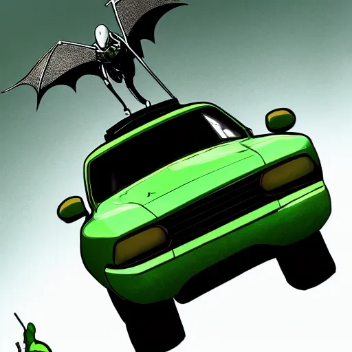 knight in green car, dragon flying above, low angle, | Stable Diffusion ...