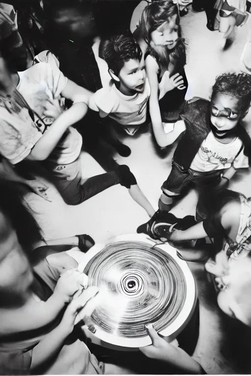 photo of a child playing records while his friends | Stable Diffusion ...