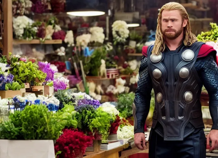 Thor working at a flower shop in the new avengers | Stable Diffusion ...