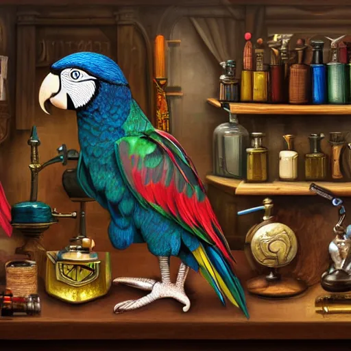 Anthropomorphized parrot trader in his shop, portrait, | Stable ...