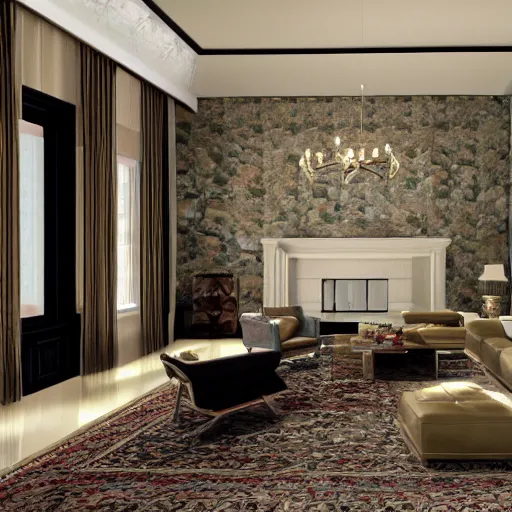 1964 year interior home design hall. Photorealistic, | Stable Diffusion