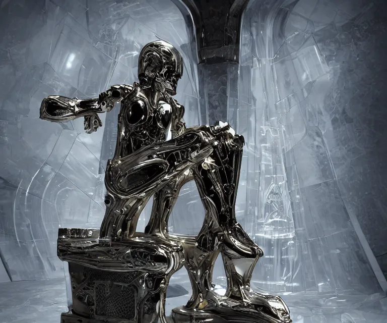 translucent cyborg sitting on a metal throne in a | Stable Diffusion ...