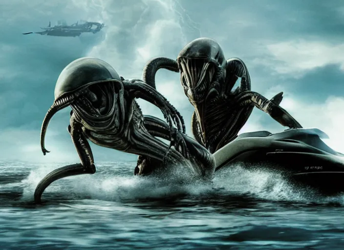 film still of alien!! xenomorph!! jet skiing in the | Stable Diffusion ...