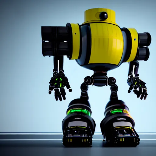 nuclear waste barrel robot with yellow weapon arms, | Stable Diffusion