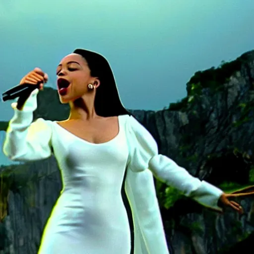 the singer Sade Adu white dress singing on top of | Stable Diffusion