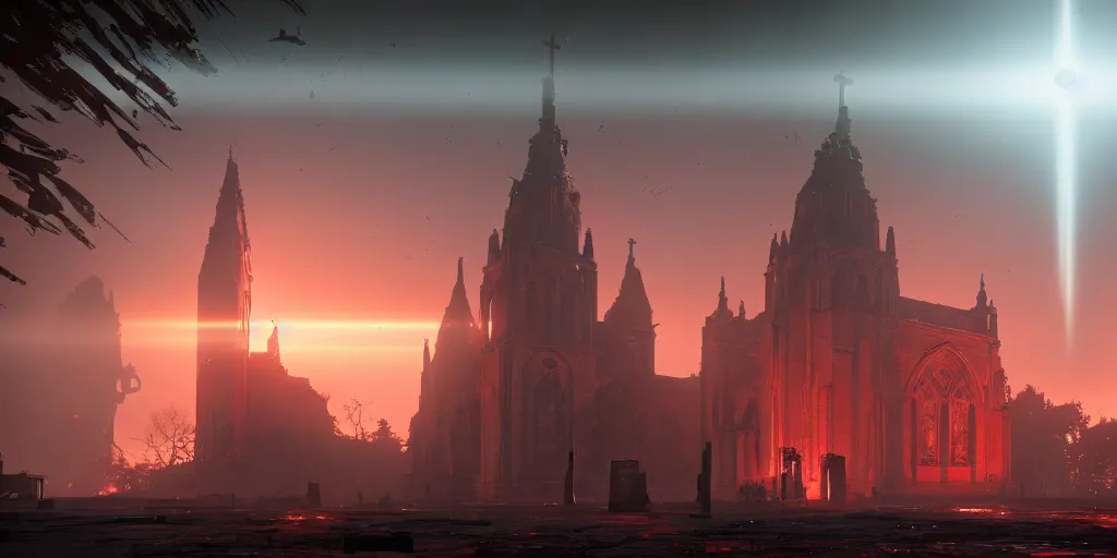symmetrical, ancient church with red shafts of light | Stable Diffusion ...