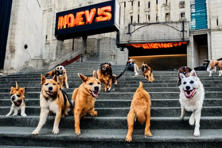 dogs running down the steps of a movie theater | Stable Diffusion | OpenArt