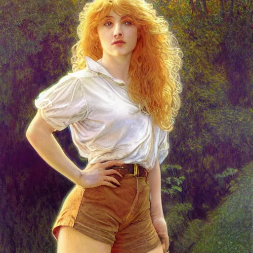 A young woman with blonde long curly hair and bangs in | Stable Diffusion
