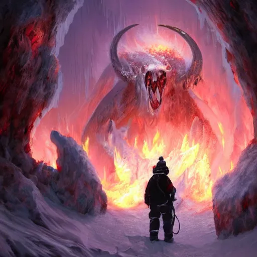 a man explores the icy corners of hell, fire demons, | Stable Diffusion | OpenArt