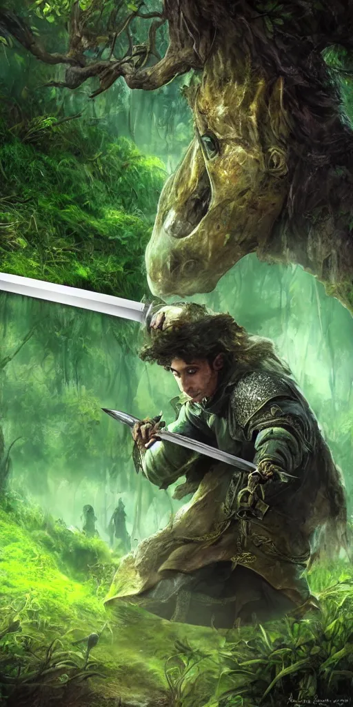 battered knight pulling sword in the stone, surrounded | Stable Diffusion