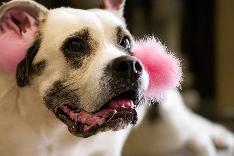 movie scene closeup juggernaut dog with pink bow on | Stable Diffusion ...