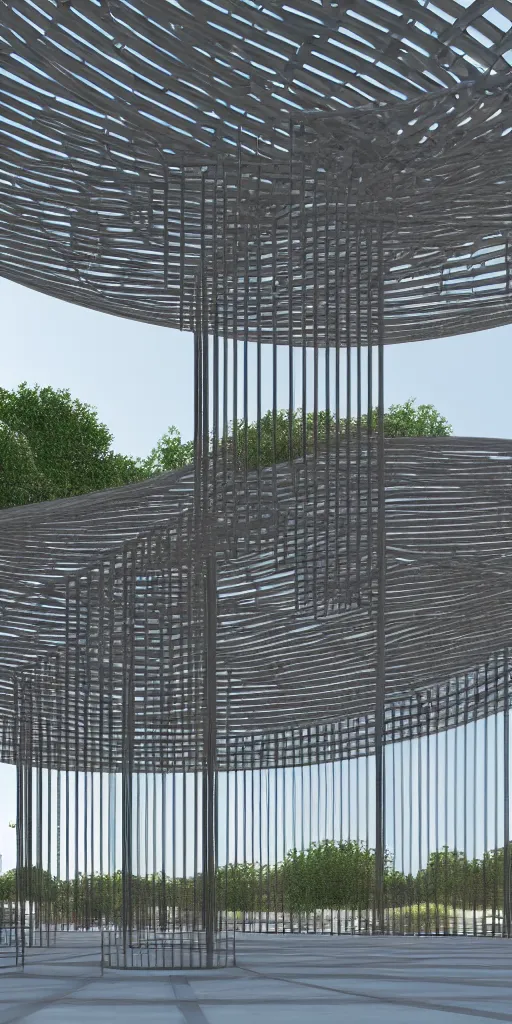 photo of a pavilion with hundreds of thin steel round | Stable Diffusion
