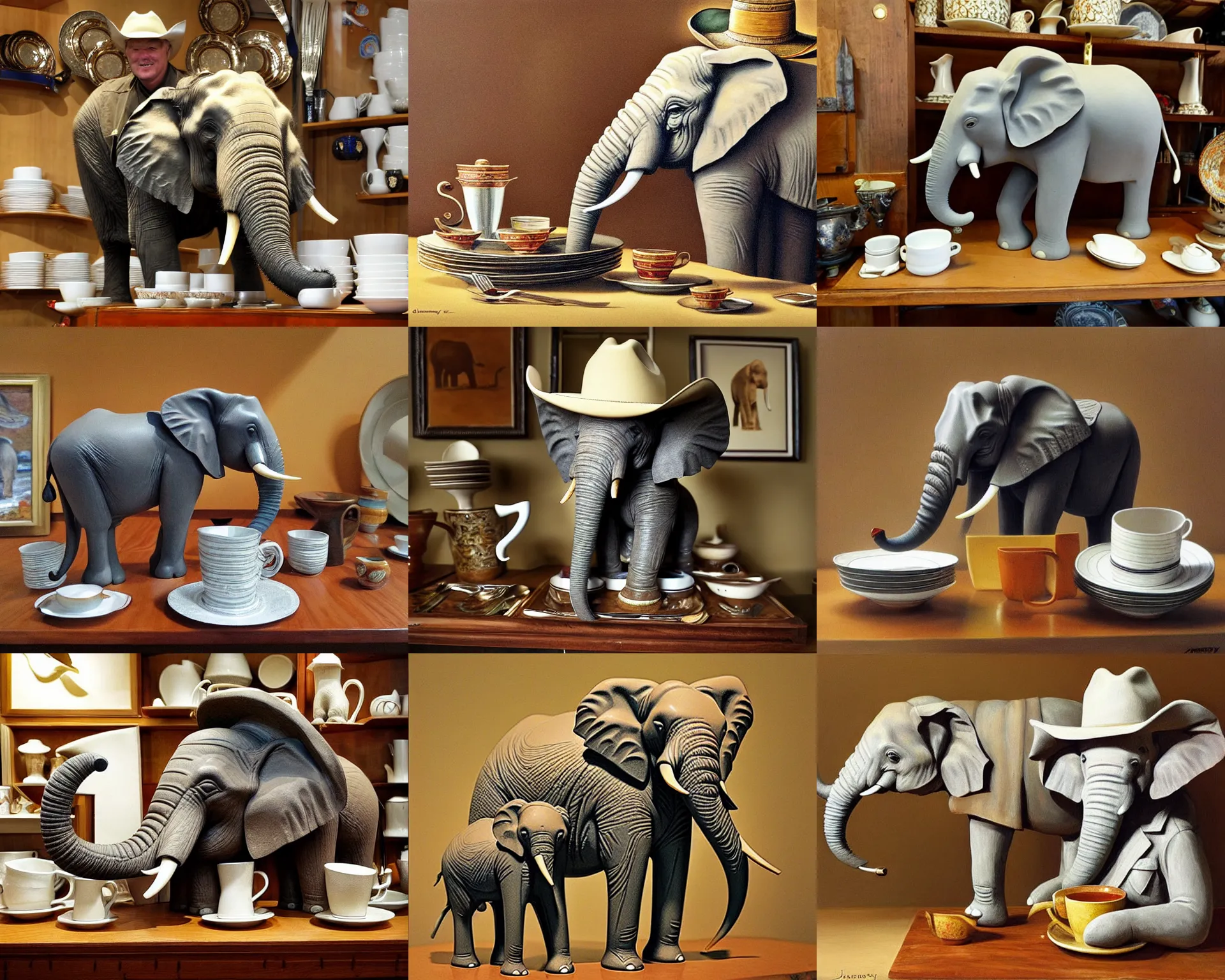 An elephant wearing cowboy hat, in tableware shop. By | Stable ...