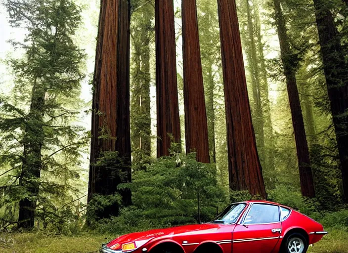 a datsun 2 4 0 z among tall redwood trees, in the art | Stable ...