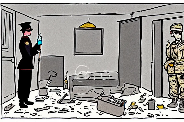 a new yorker style cartoon of a soldier cleaning a room | Stable Diffusion