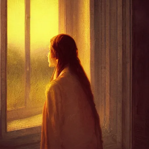 young beautiful woman, view from window, sunset, high | Stable ...