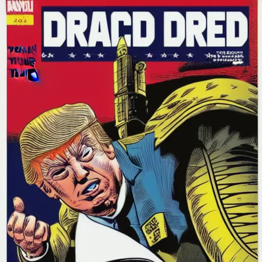 judge dredd arresting donald trump. 2000ad comic book | Stable Diffusion