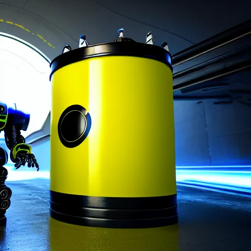 nuclear waste barrel robot with yellow weapon arms, | Stable Diffusion