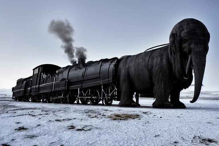 a futuristic black steam train and a giant mammoth in | Stable Diffusion